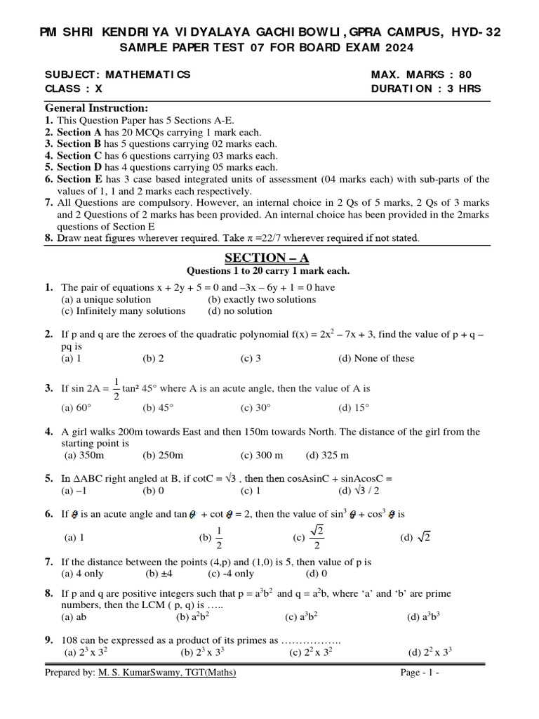 Class X Mathematics Sample Paper 2024 | PDF | Area | Mathematics