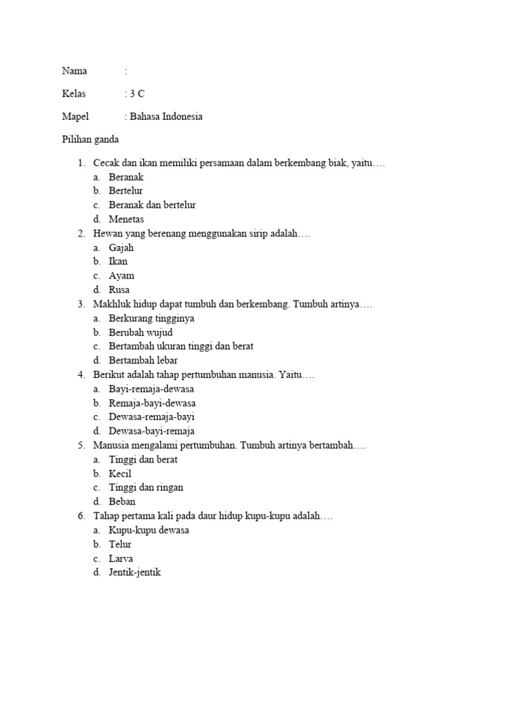Soal Ulangan Bahasa Indonesia Kelas 3C | PDF