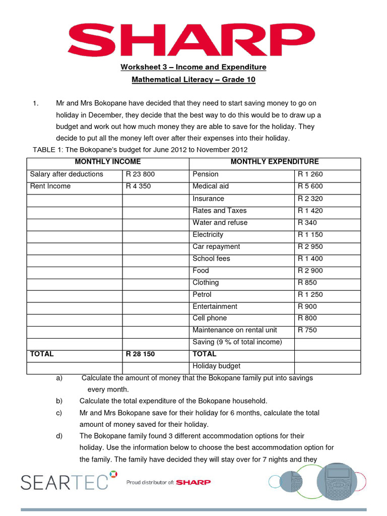Worksheet 3 Income and Expenditure Grade 10 Mathematical Literacy | PDF ...