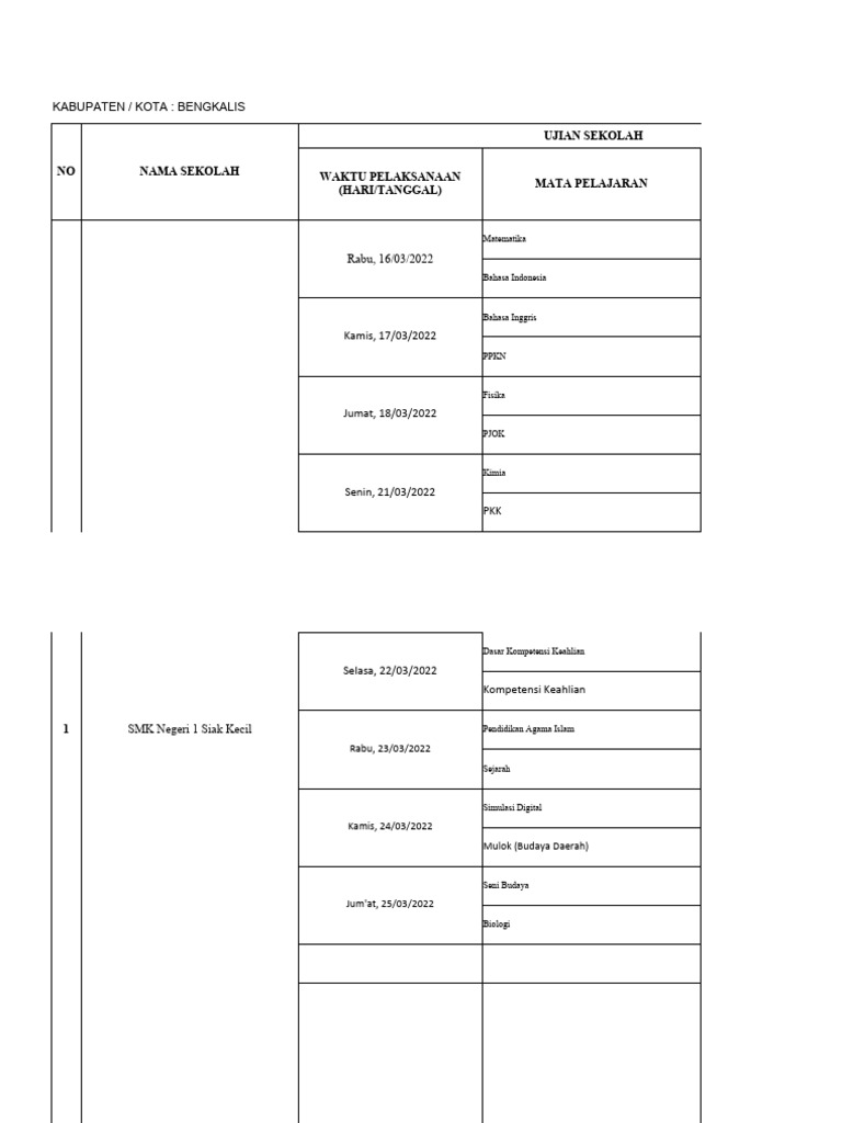 Rekap Jadwal Ujian SMKN Kabupaten Bengkalis | PDF