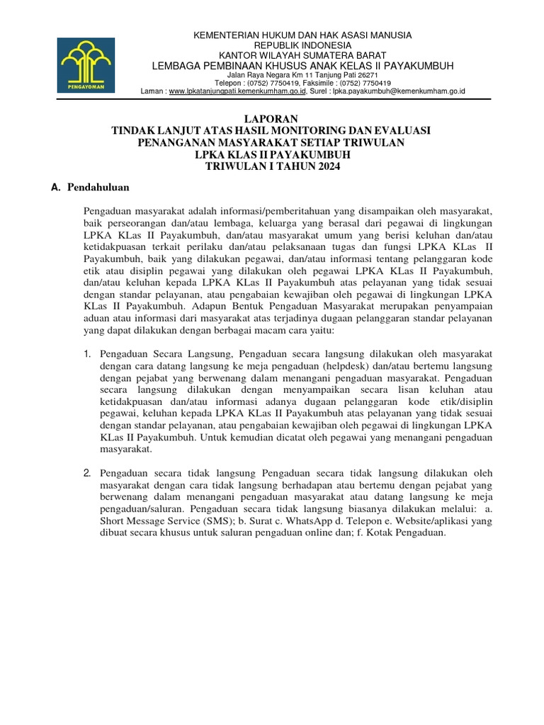 Dokumen Laporan Tindak Lanjut Atas Hasil Monitoring Dan Evaluasi Penanganan Pengaduan Masyarakat ...
