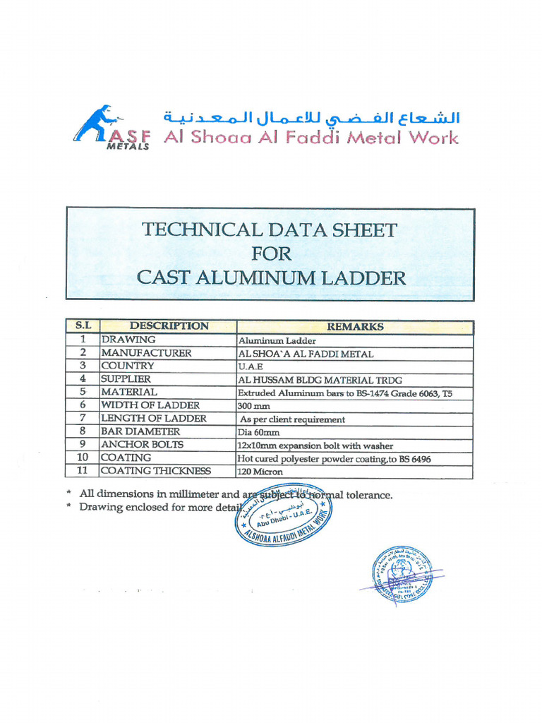 Technical Data Sheet For Aluminium Ladder | PDF