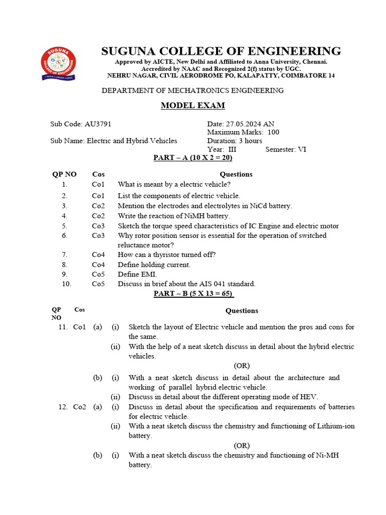 EHV 3rd Year Model QP | PDF | Electric Vehicle | Electromagnetic ...