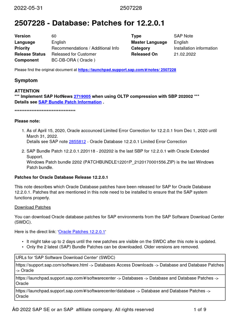 Database: Patches For 12.2.0.1: Symptom | PDF | Oracle Database ...