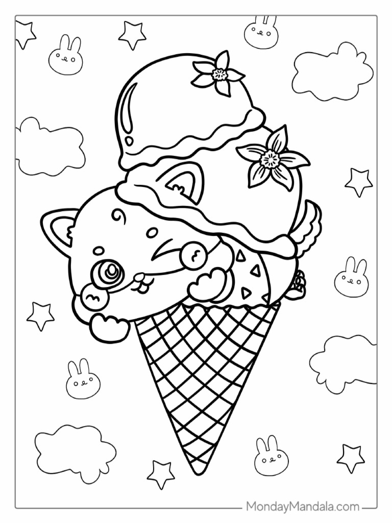 Coloring Page of a Cat Kawaii Ice Cream | PDF