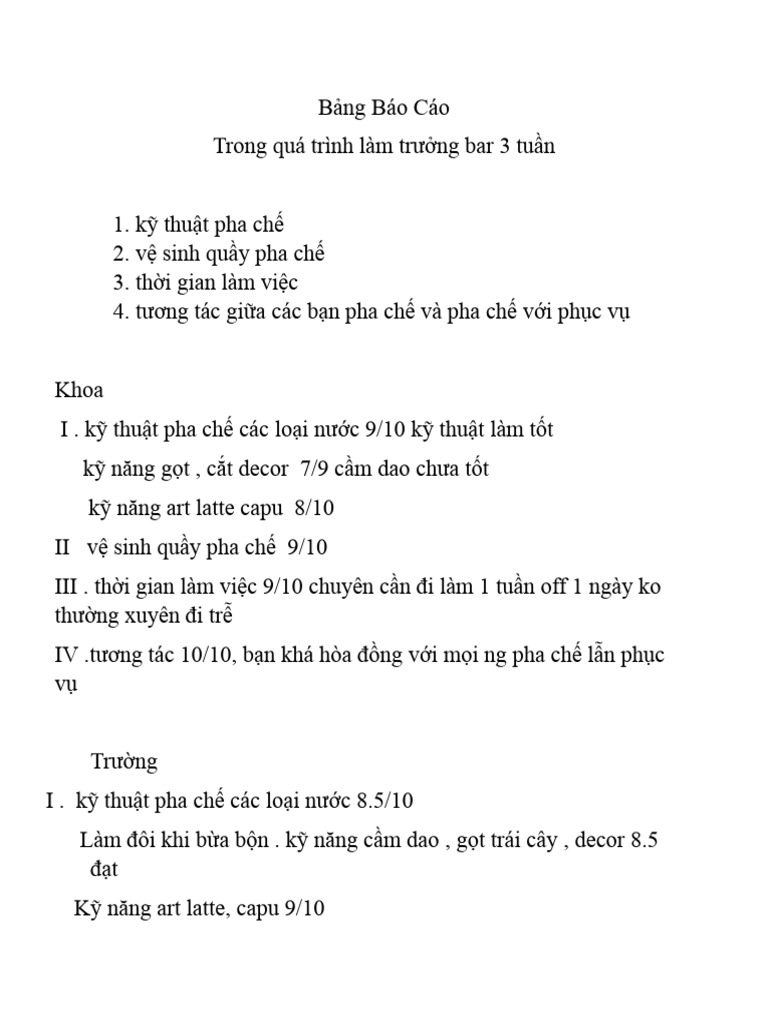 Bảng Báo cáo pha chế | PDF