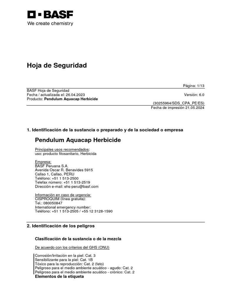 Pendulum+Aquacap+Herbicide 30255964 SDS CPA PE Es 6-0 | PDF | Toxicidad ...