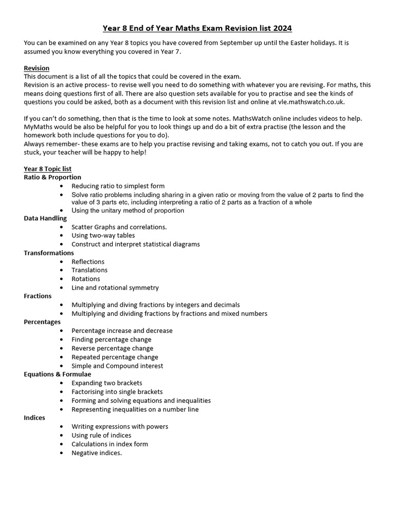 Year 8 End of Year Maths Exam Revision List 2025 | Download Free PDF ...