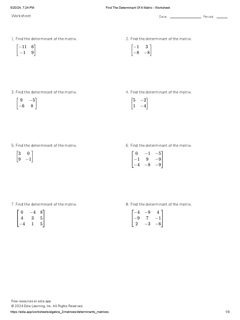 Find The Determinant of A Matrix Worksheet | PDF | Determinant ...