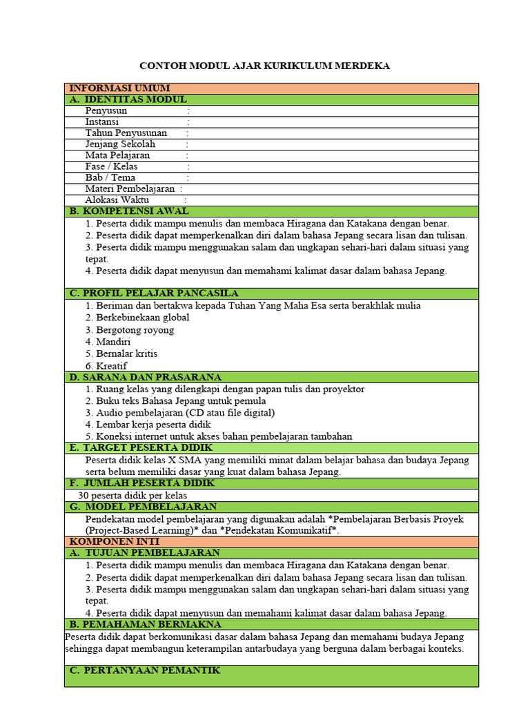 Contoh Format Modul Ajar Kurikulum Merdeka Anilia - Compress | PDF | Kajian Bahasa Asing