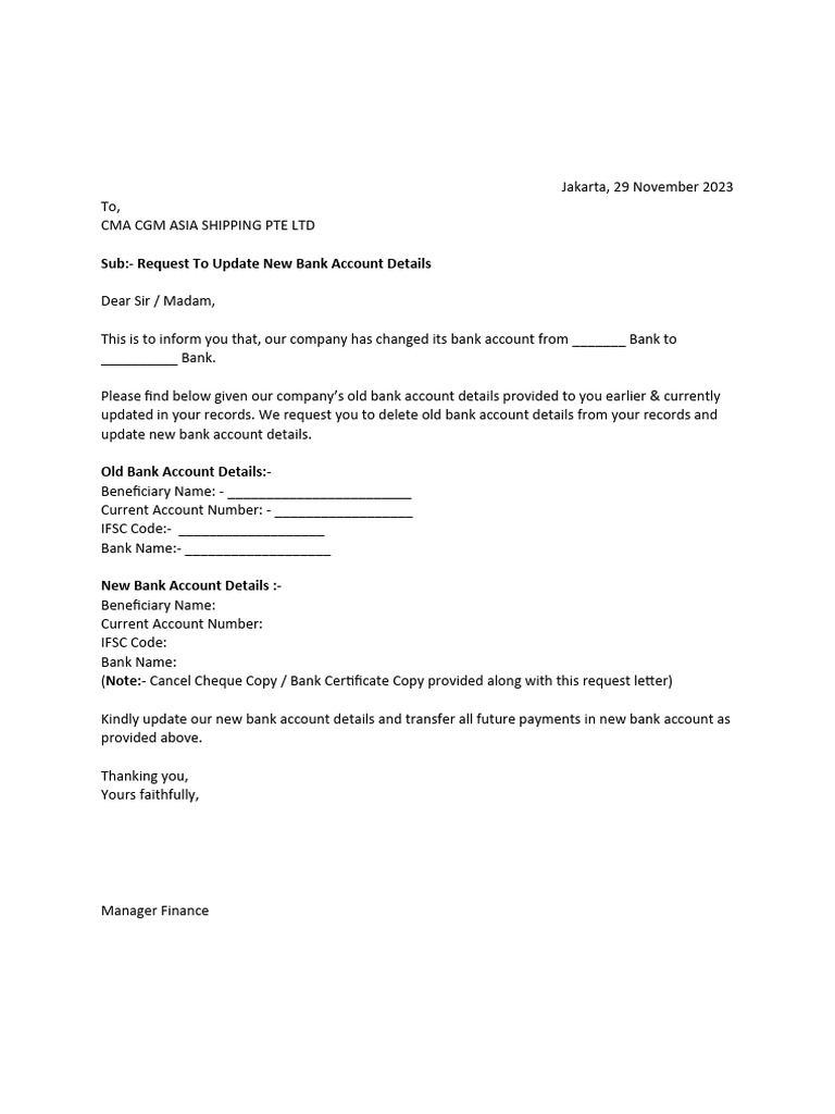 Letter Format For Change Of Bank Account Details1 | PDF