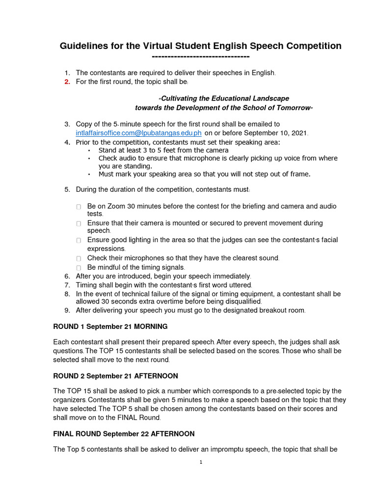 Guidelines for English Speech Contest | PDF | Speech | Grammar