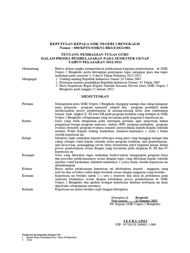 SK Pembagian Tugas Guru DLM Proses Pembelajaran | PDF