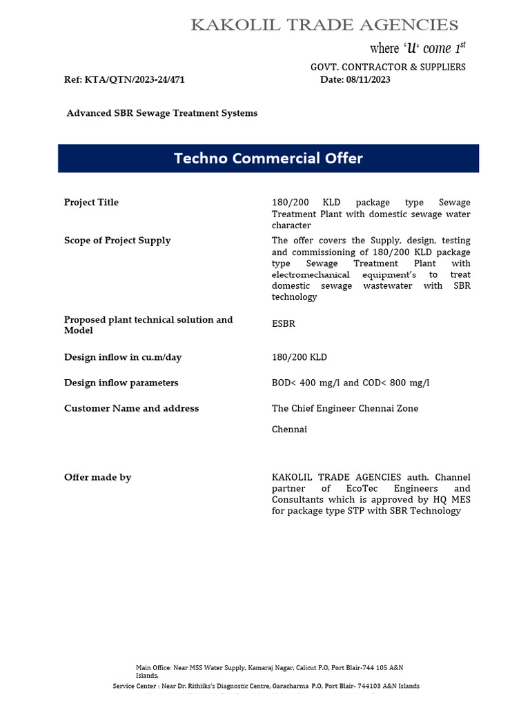 180,200 KLD STP Offer CE Chennai Zone | PDF | Sewage Treatment | Sewage