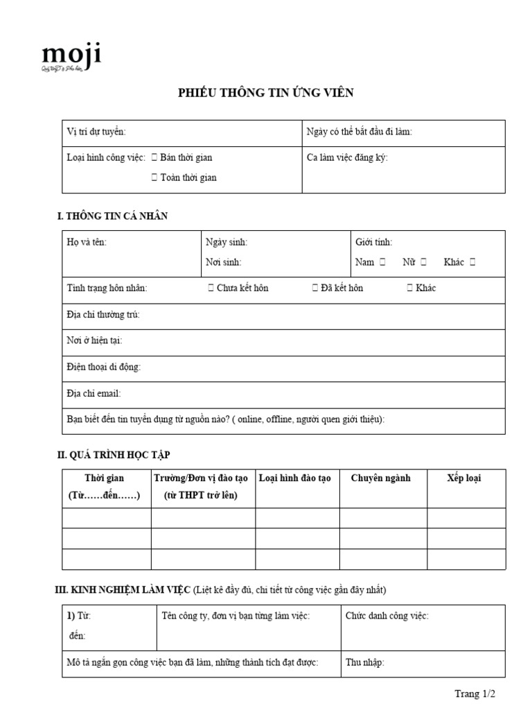 Moji Phiếu Thông Tin Ứng Viên | PDF