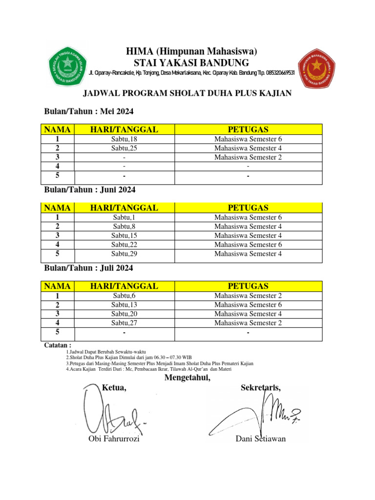 Jadwal Sholat Duha Plus Kajian HIMA | PDF