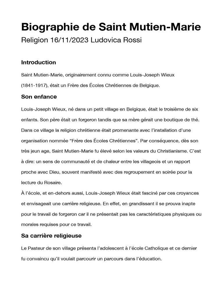 Biographie de Saint Mutien-Marie | PDF