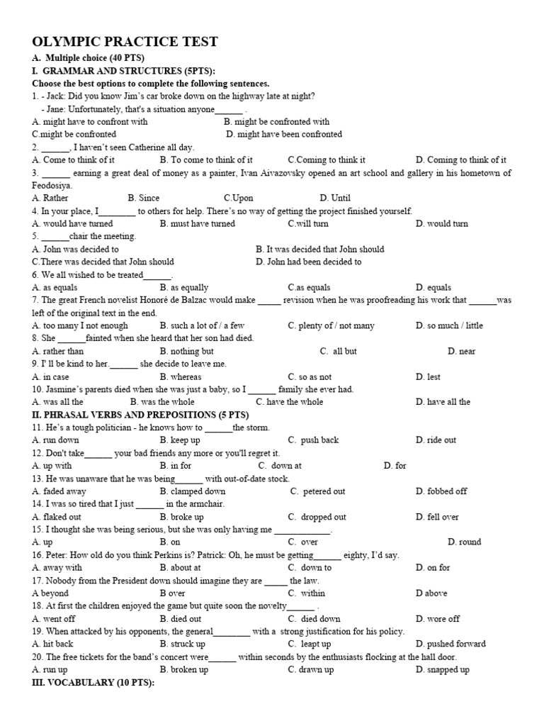 Olympic Practice Test: Grammar & Vocabulary | PDF | Bacteria | Fish