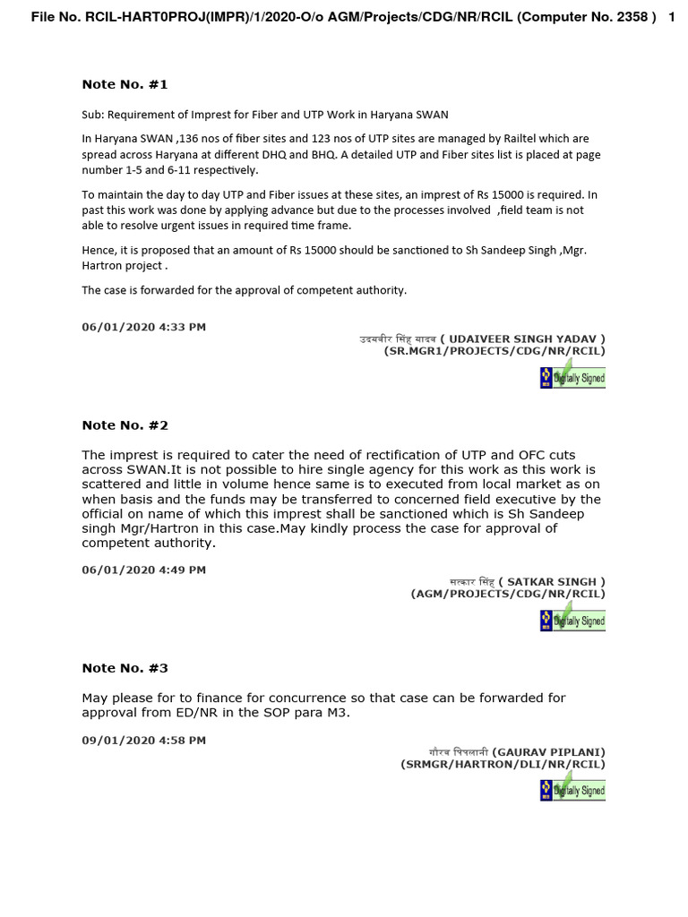 Imprest Request for Haryana SWAN Fiber Work | PDF | Business ...