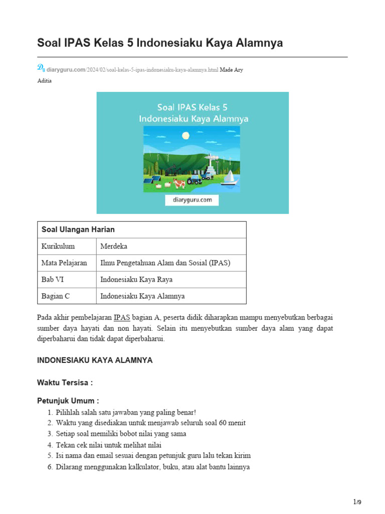 Soal IPAS Kelas 5: Sumber Daya Alam | PDF