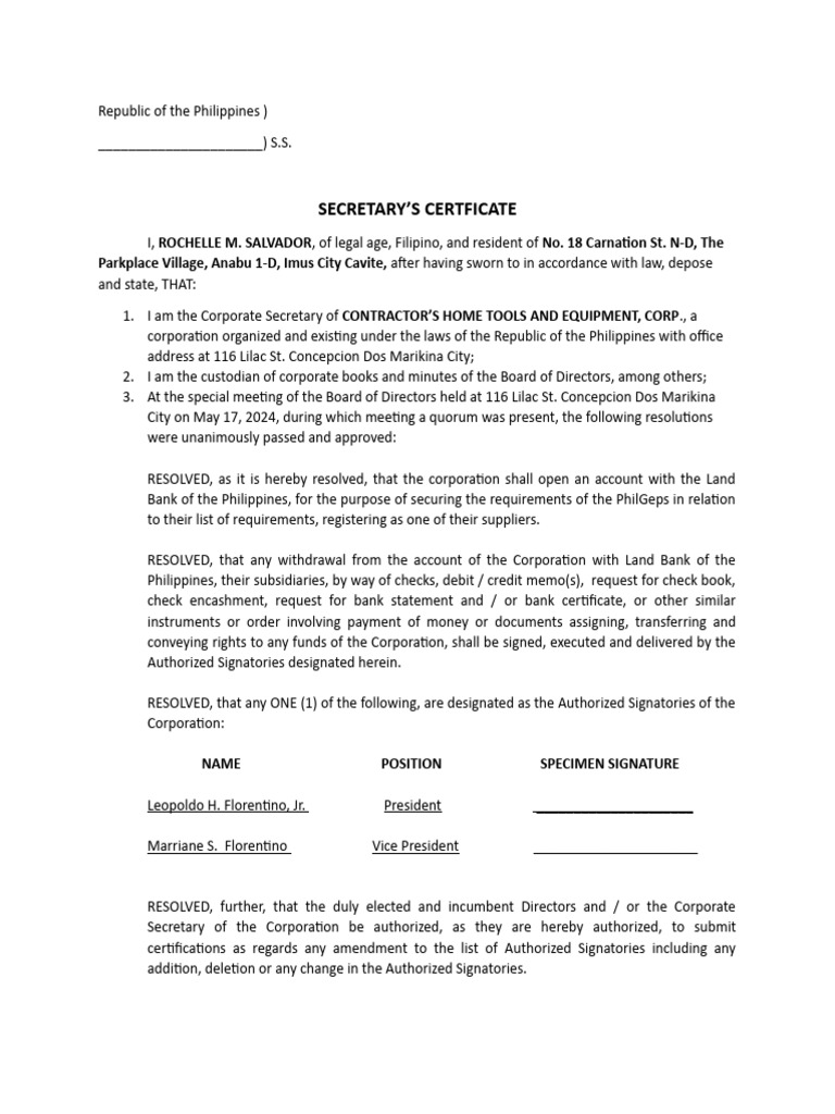 Secretary's Certificate For Landbank | PDF | Banking | Financial Services