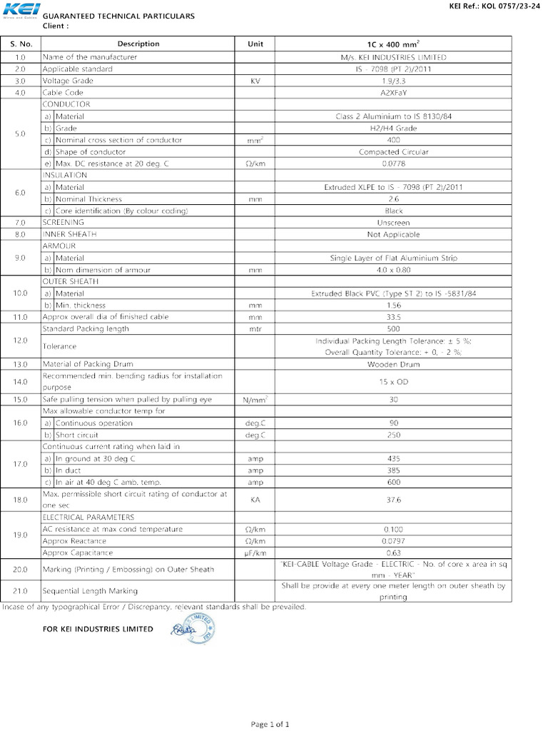 Cable 1cx400sqmm 1433 GTP | PDF