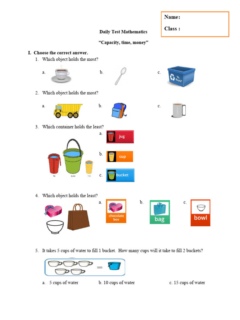 Daily Test Math (Capacity, Time, Money) | PDF