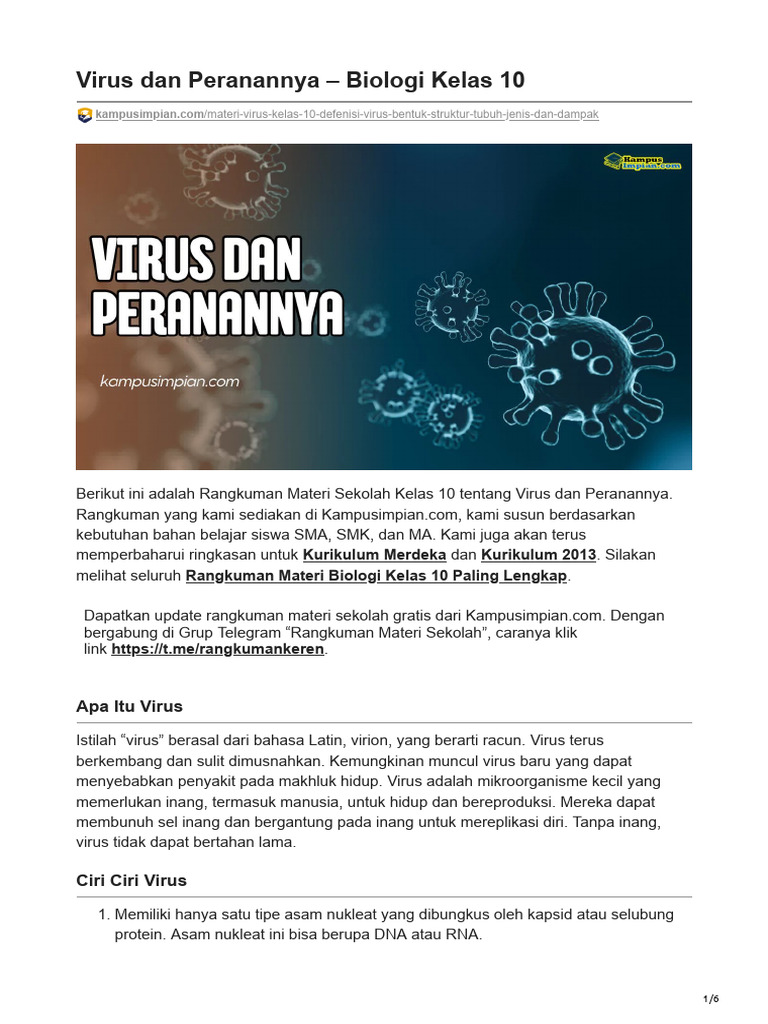 Virus Dan Peranannya Biologi Kelas 10 | PDF