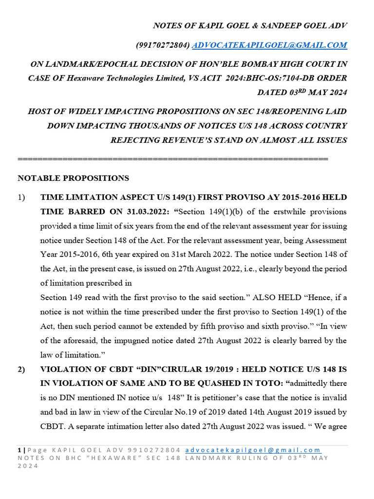 BHC Landmark Ruling on Sec 148 Reopening | PDF | Lawsuit | Government