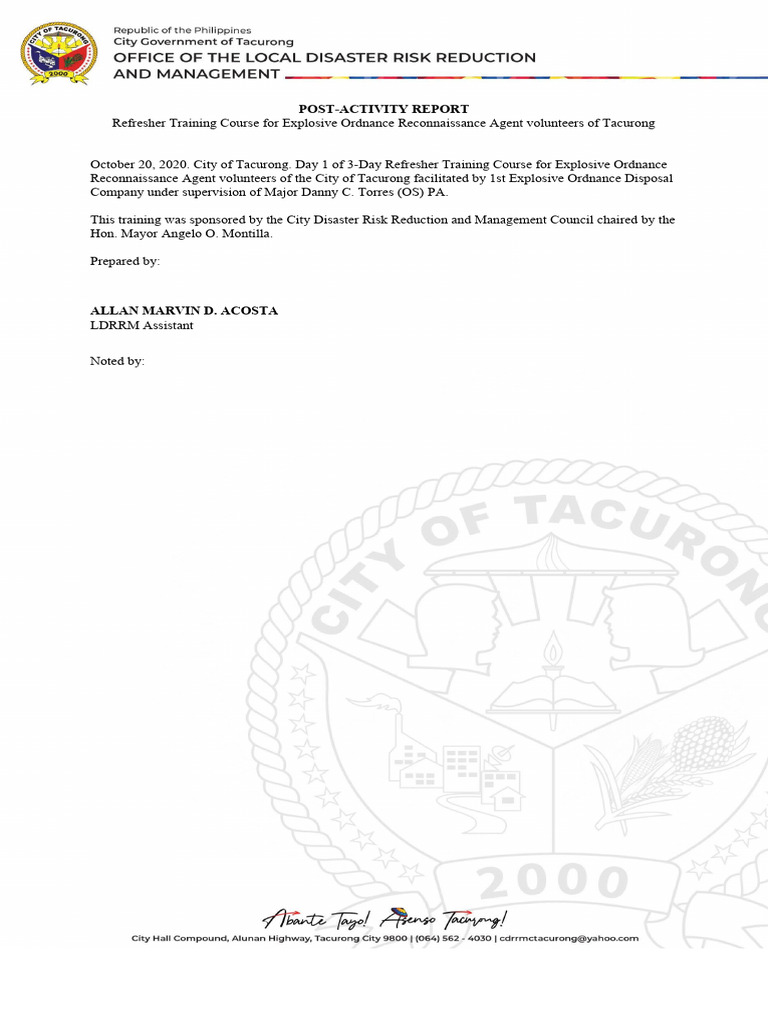 Post Training Report - EORA Refresher Training Course | PDF | Science ...