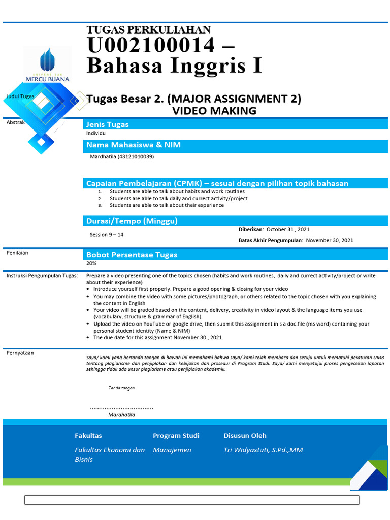 RTM Sarjana S1 (OBE) - Mardhatila TB 2 (VIDEO MAKING) | PDF | Fluency | Speech
