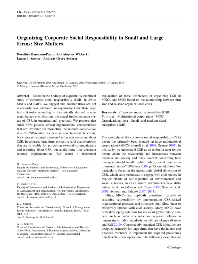 Organizing Corporate Social Responsibility in Small and Large Firms- Size Matters. | PDF ...