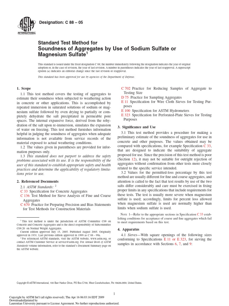 ASTM C88 (Soundness of Aggregates) | PDF | Chemistry | Materials
