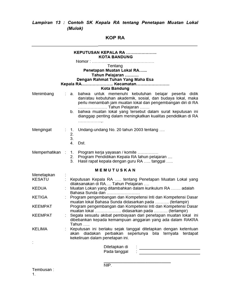 4.lampiran 13 (CONTOH SK PENETAPAN MULOK) | PDF | Kajian Bahasa Asing