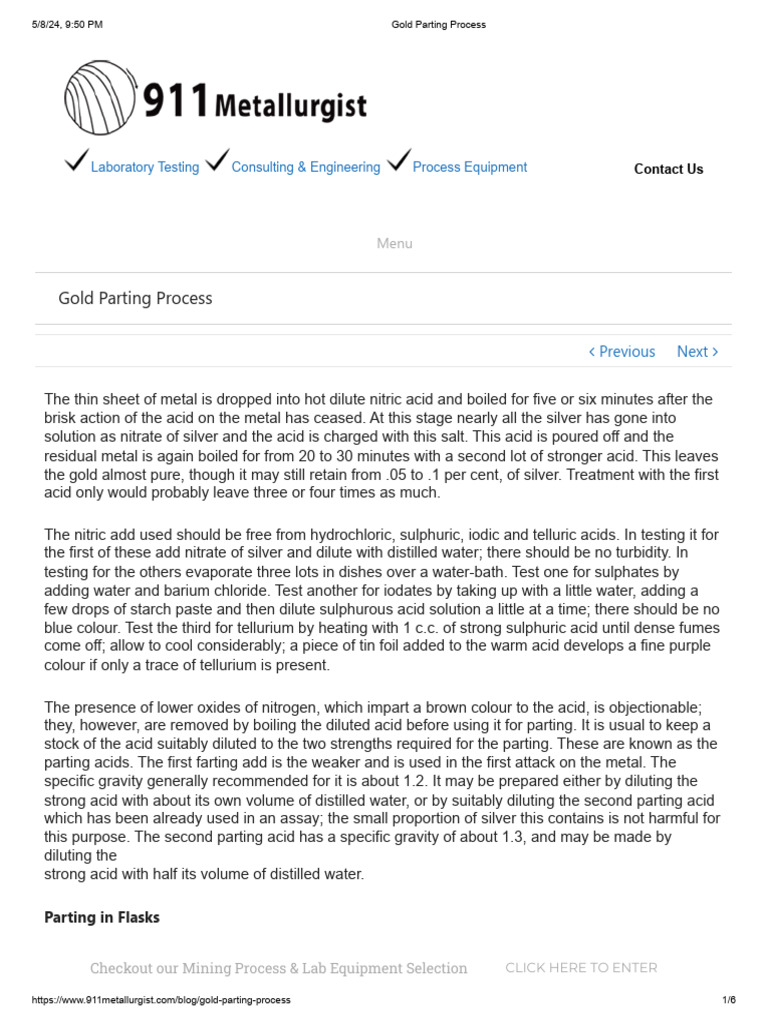 Gold Parting Process | PDF | Metallurgical Assay | Silver
