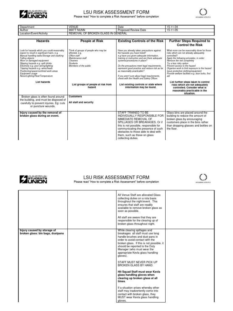 Lsu Risk Assessment Form: Hazards People at Risk Existing Controls of The Risk Further Steps ...