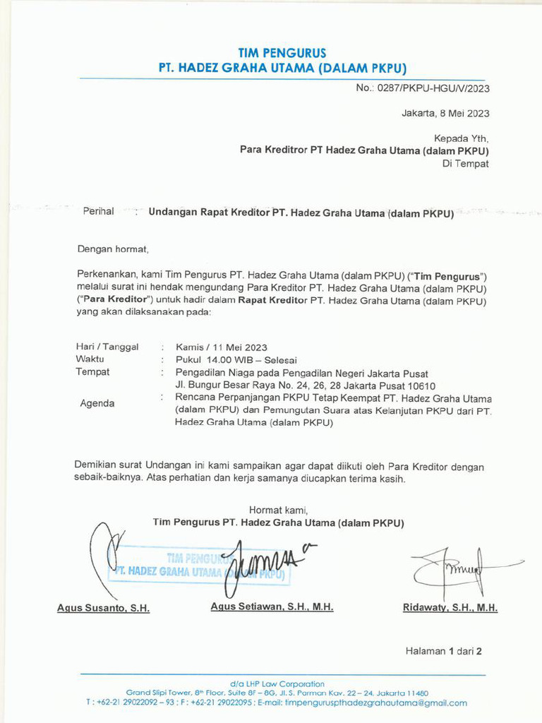 0287 - Undangan Rapat Kreditor PT. Hadez Graha Utama (Dalam PKPU) - para Kreditor | PDF