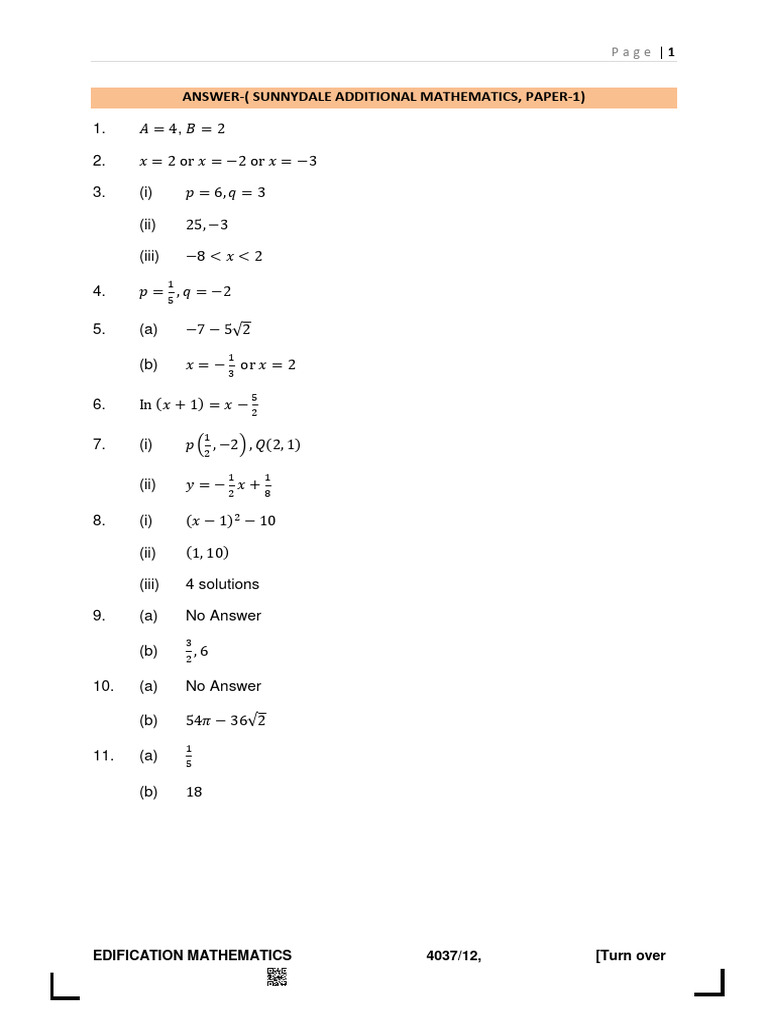 ANSWER-ADDITIONAL-MATHEMATICS-PAPER-1 | PDF