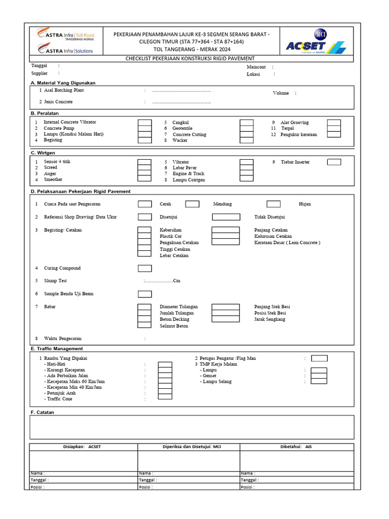 Form Checklist Pengecoran Rigid | PDF