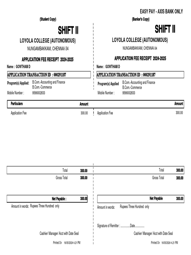 Axis Bank Application Fee Receipt 2024 | PDF | Service Industries ...