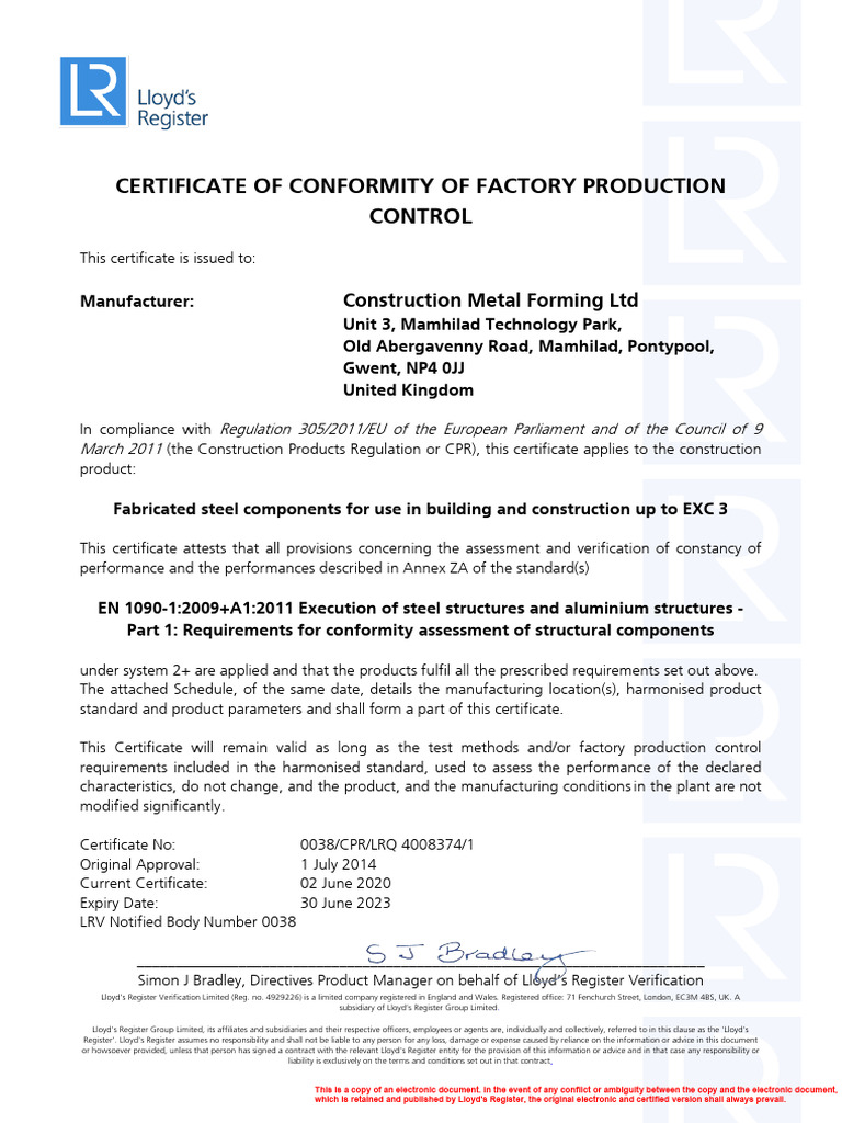 Certificate of Conformity of Factory Production Control | PDF