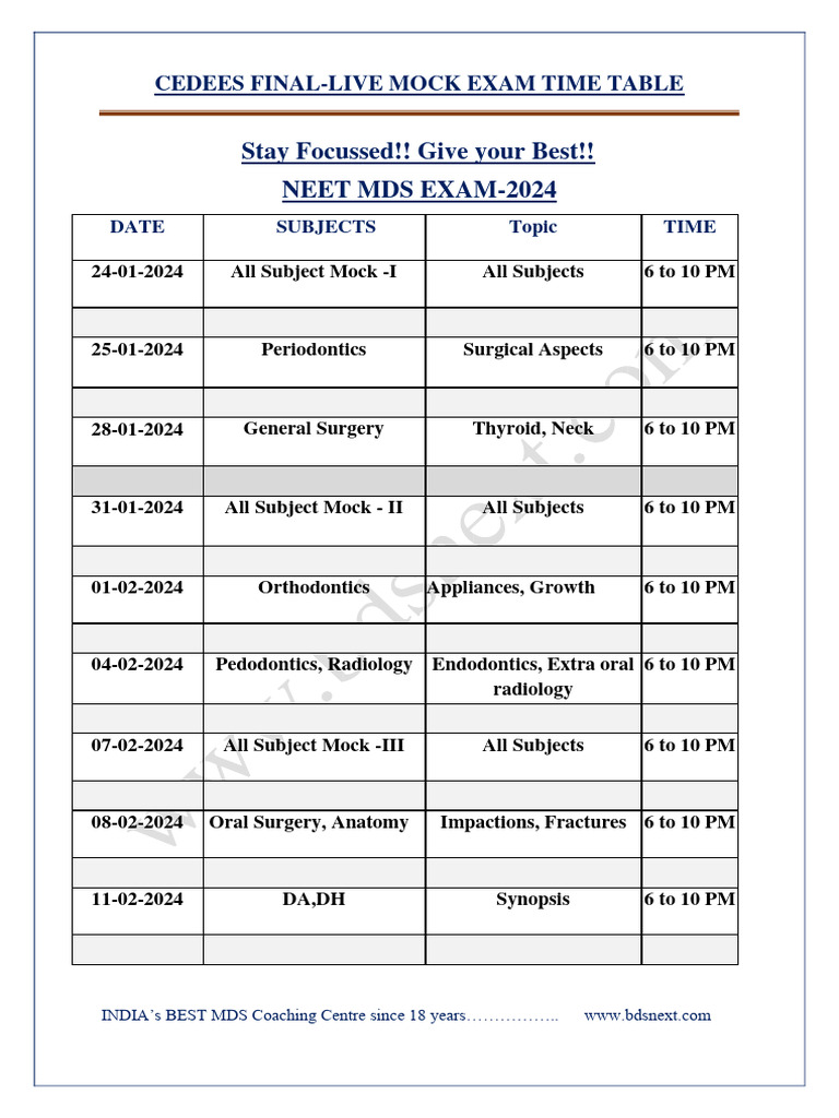 Stay Focussed!! Give Your Best!! Neet Mds Exam-2024: Cedees Final-Live Mock Exam Time Table ...