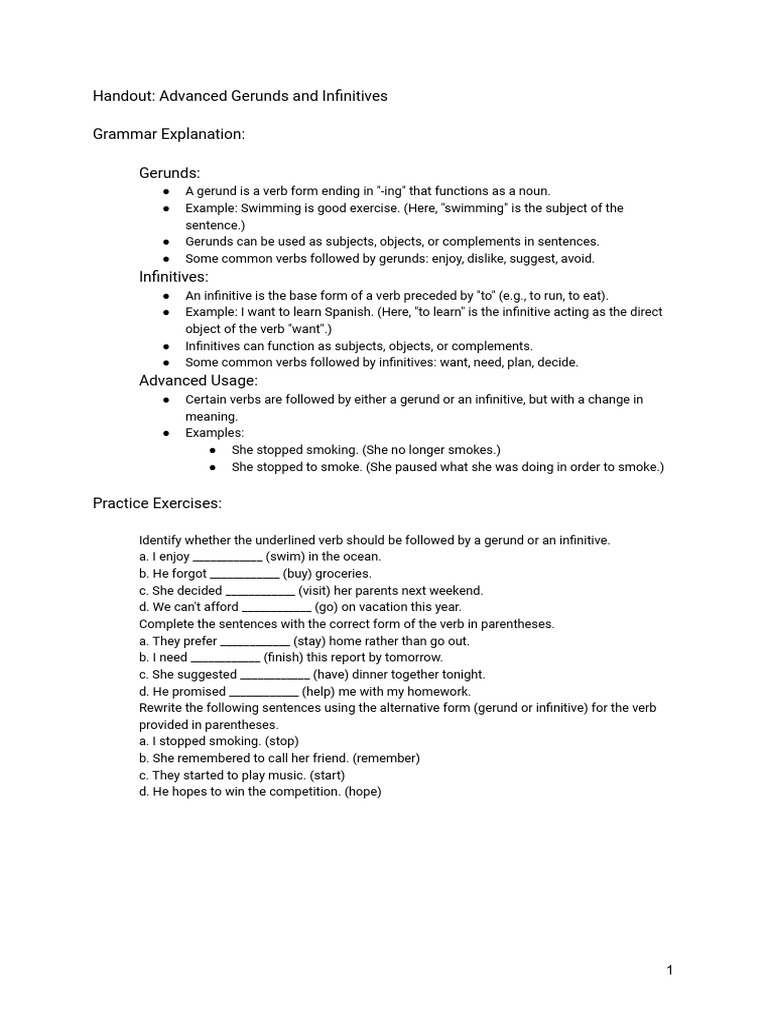 Advanced Gerunds and Infinitives Guide | PDF | Verb | Subject (Grammar)