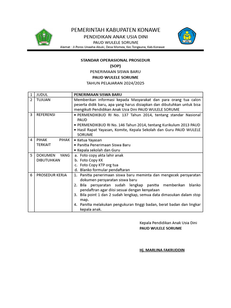 SOP Penerimaan Siswa Baru PAUD 2024 | PDF