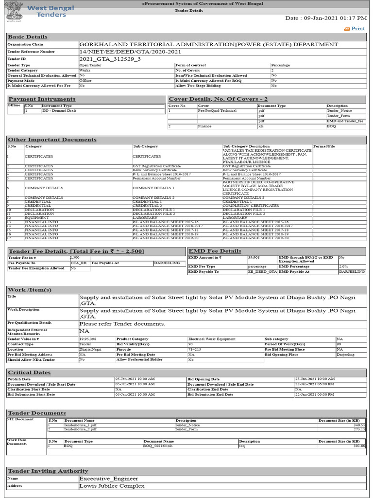 WB eProcurement: Solar Street Light Tender | PDF | Value Added Tax ...