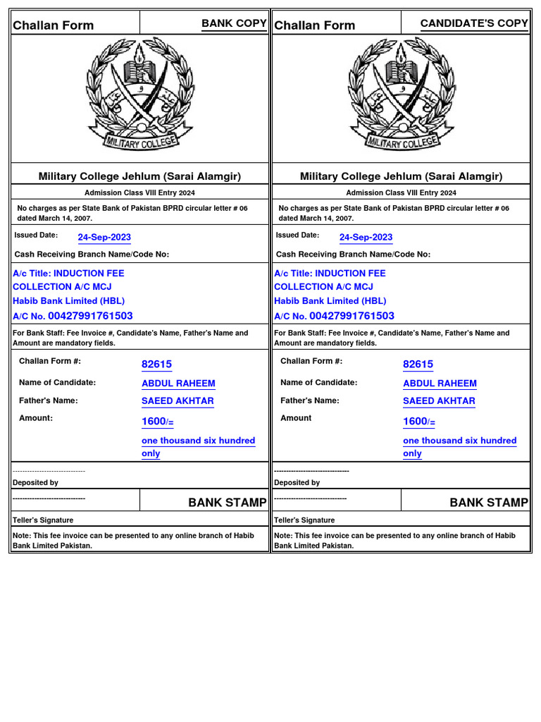 MCJ Admission Fee Challan Form 2024 | PDF | Personal Finance | Service ...