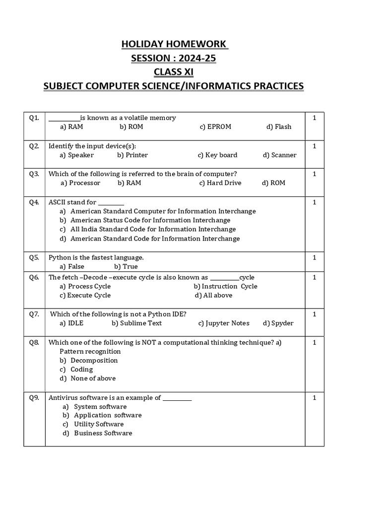 Holiday Homework SESSION: 2024-25 Class Xi Subject Computer Science ...