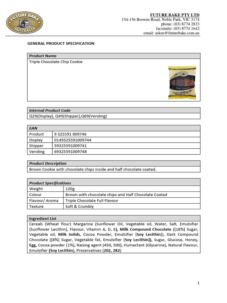 Triple Chocolate Cookie Product Specification | PDF | Chocolate | Magnesium