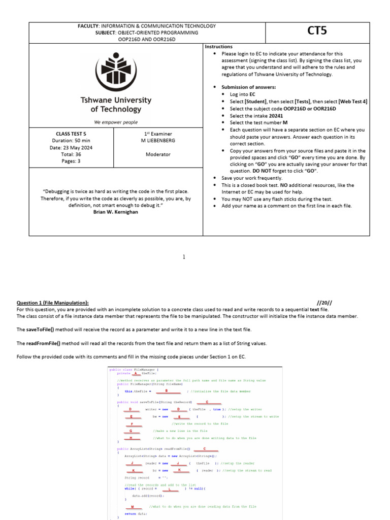 Oop216d - Oor216d CT5 2024S1 | Download Free PDF | Method (Computer Programming) | Area