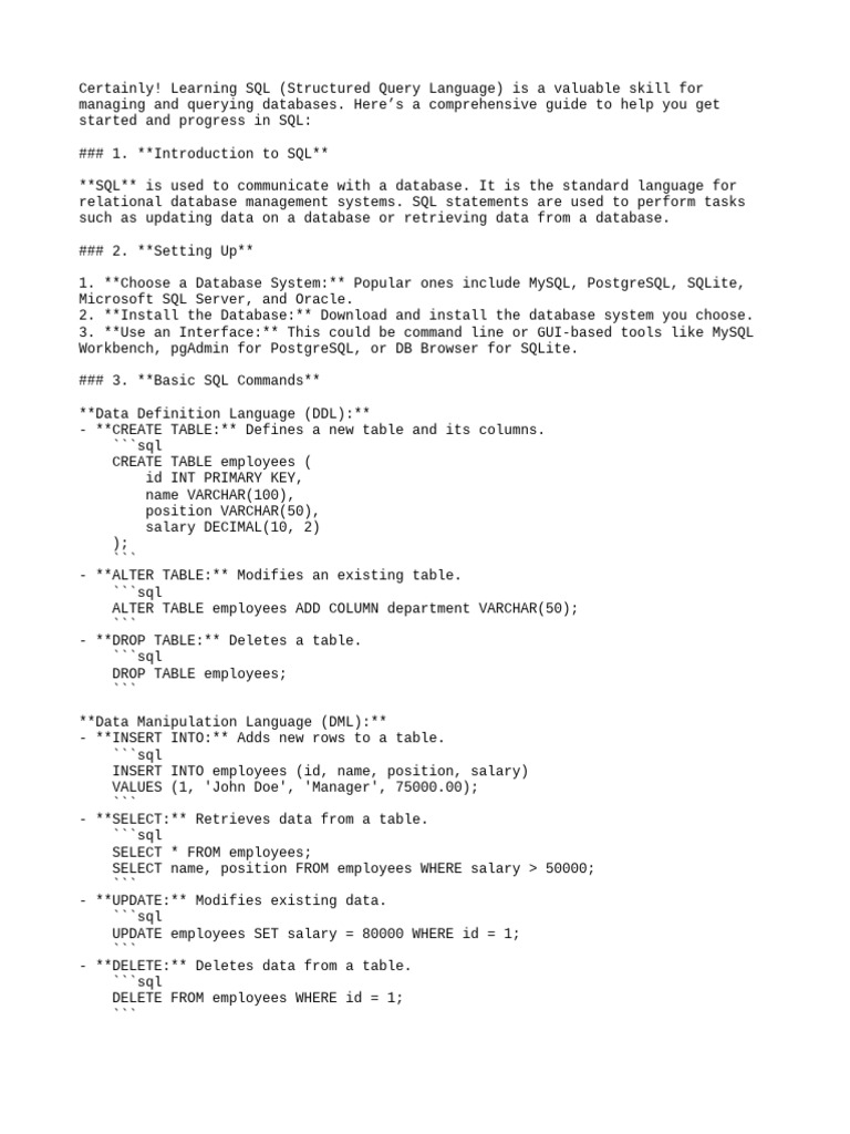 Learning SQL (Structured Query Language) | PDF | Sql | Database Index Learning SQL (Structured Query Language) | PDF | Sql | Database Index
